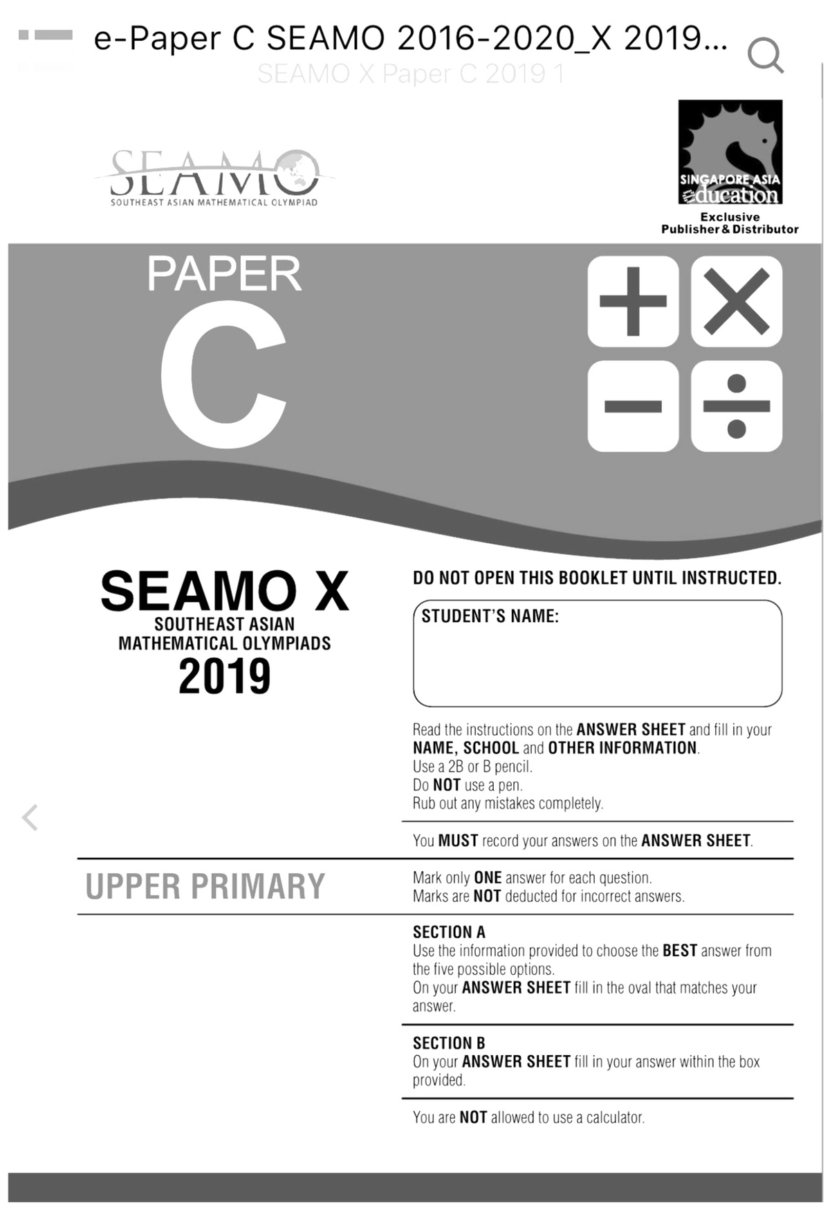 Seamo X 2019 Paper C Questions ONLY - MA1301 - Studocu