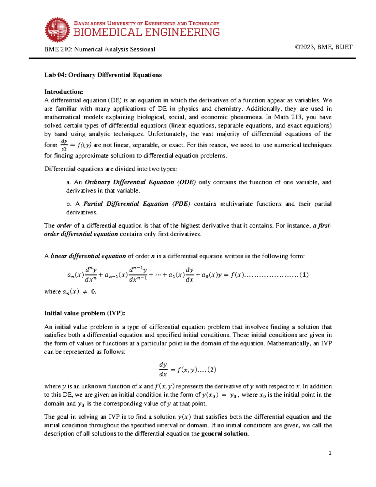 BME 210 - Lab-4 - Fttttttt - BME 210: Numerical Analysis Sessional Lab 0 4 : Ordinary ...
