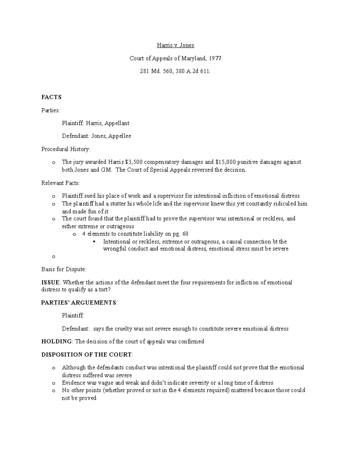 Harris Case Brief (intentional emotional distress) - Harris v. Jones ...