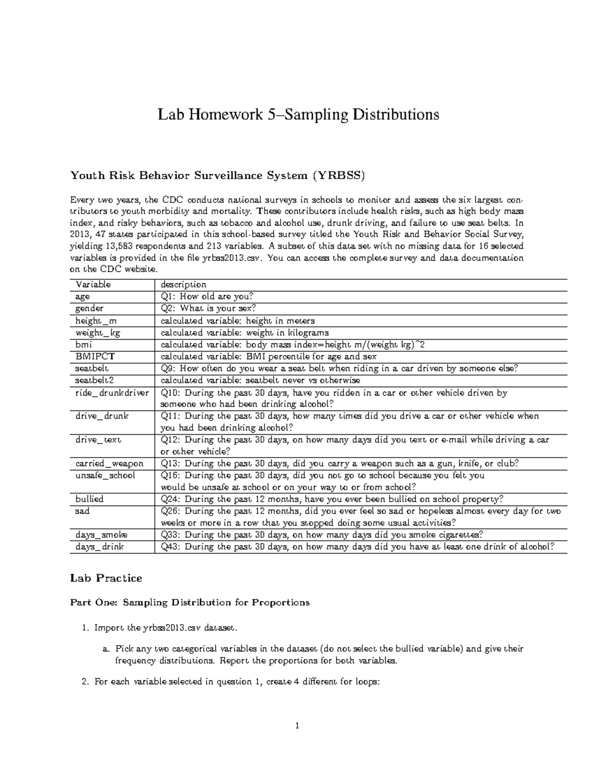 Lab5 Homework - Youth Risk Behavior Surveillance System (YRBSS) Every ...