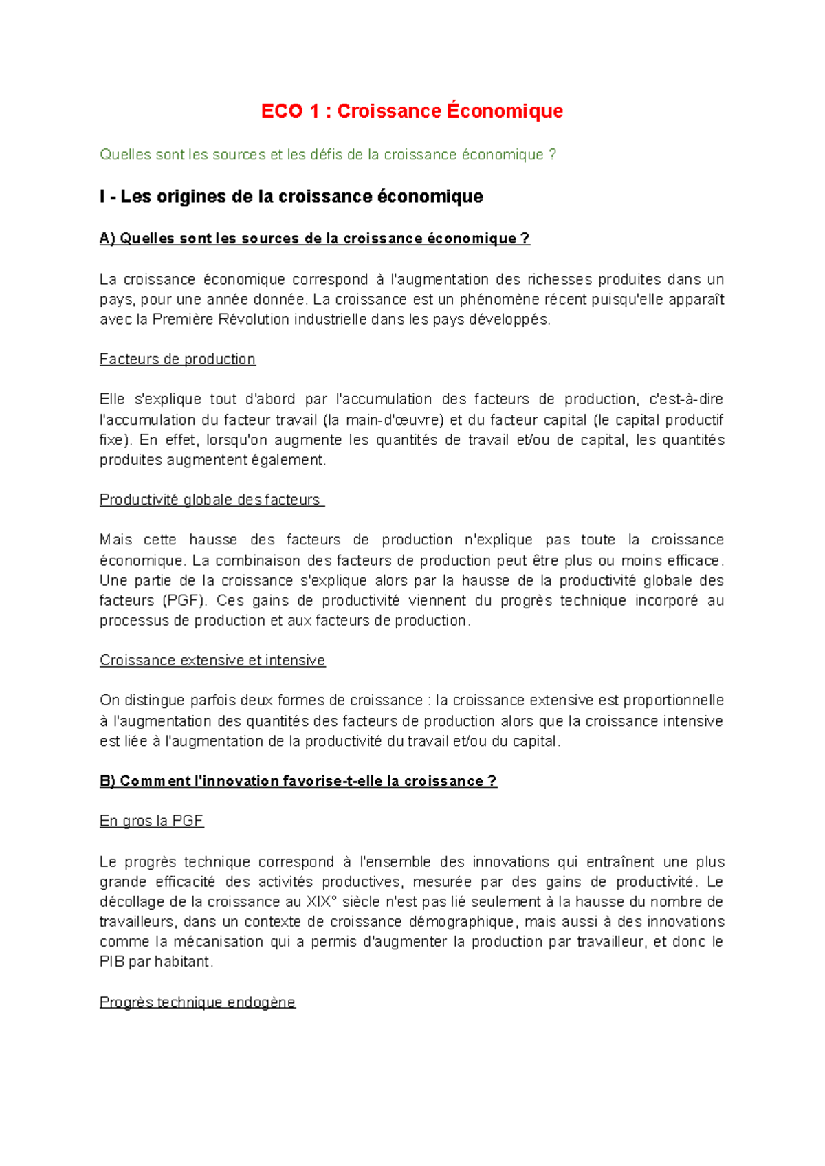 SES - ÉCO 1 : Croissance Economique - ECO 1 : Croissance Économique Quelles sont les sources et ...