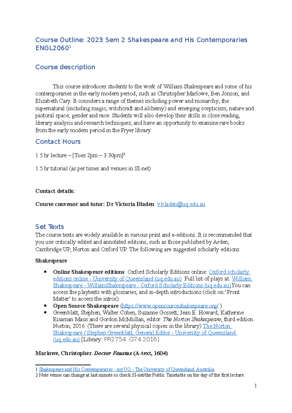 ENGL2060 Course Outline 2023 - Course Outline: 2023 Sem 2 Shakespeare ...