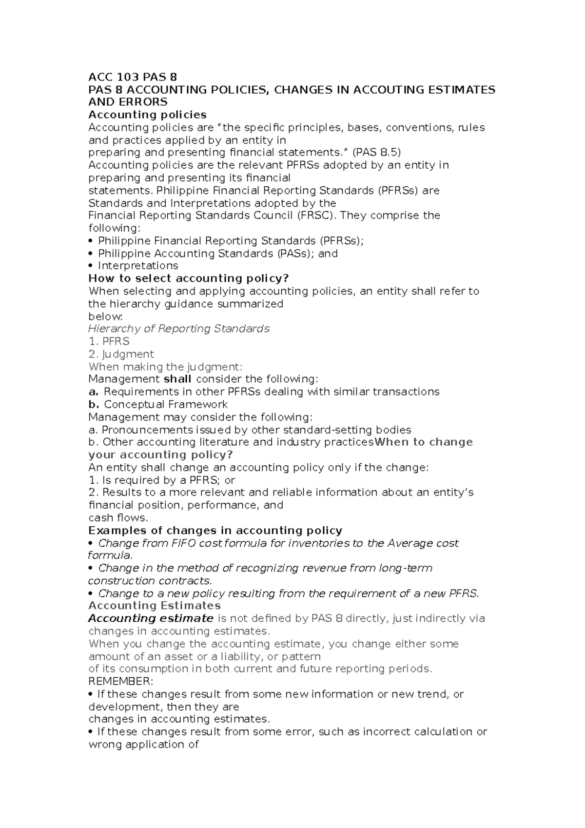 ACC 103 PAS 8 - ACC 103 PAS 8 - ACC 103 PAS 8 PAS 8 ACCOUNTING POLICIES ...