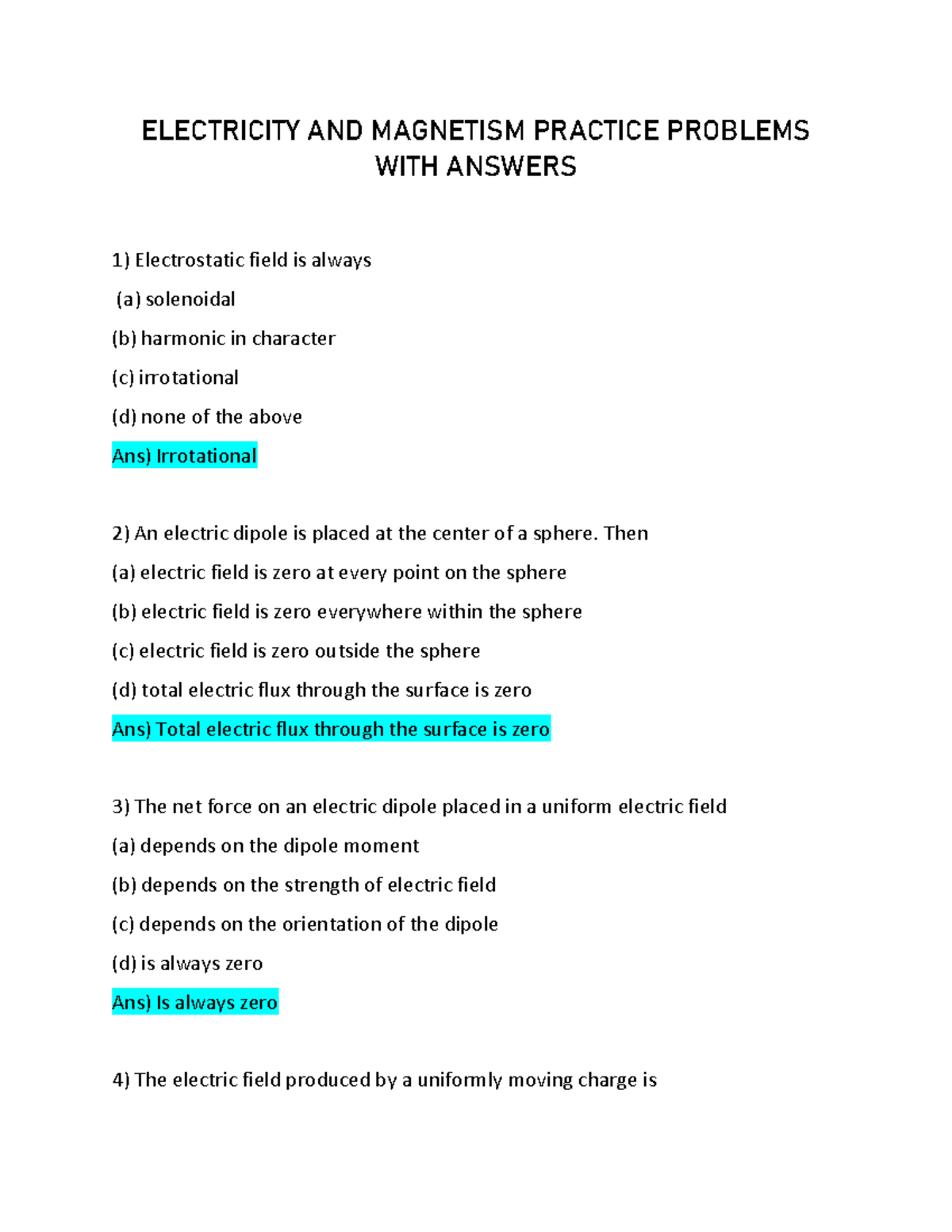 Physics Practice Problems AND Answers - ELECTRICITY AND MAGNETISM ...