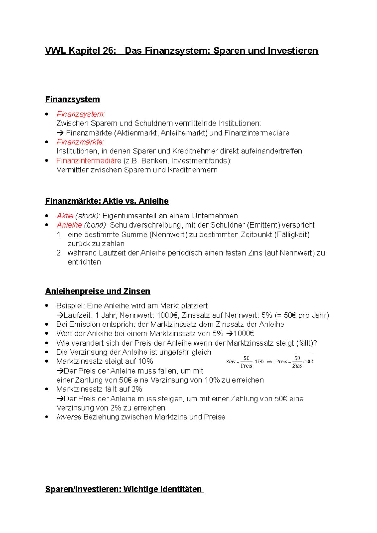 Kapitel 26 - VWL Kapitel 26: Das Finanzsystem: Sparen und Investieren ...