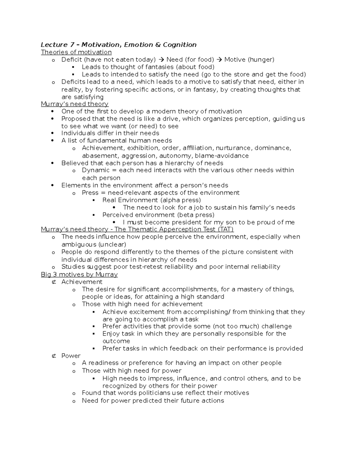 PSYB30 Lec 7-10 - study guide - Lecture 7 – Motivation, Emotion ...