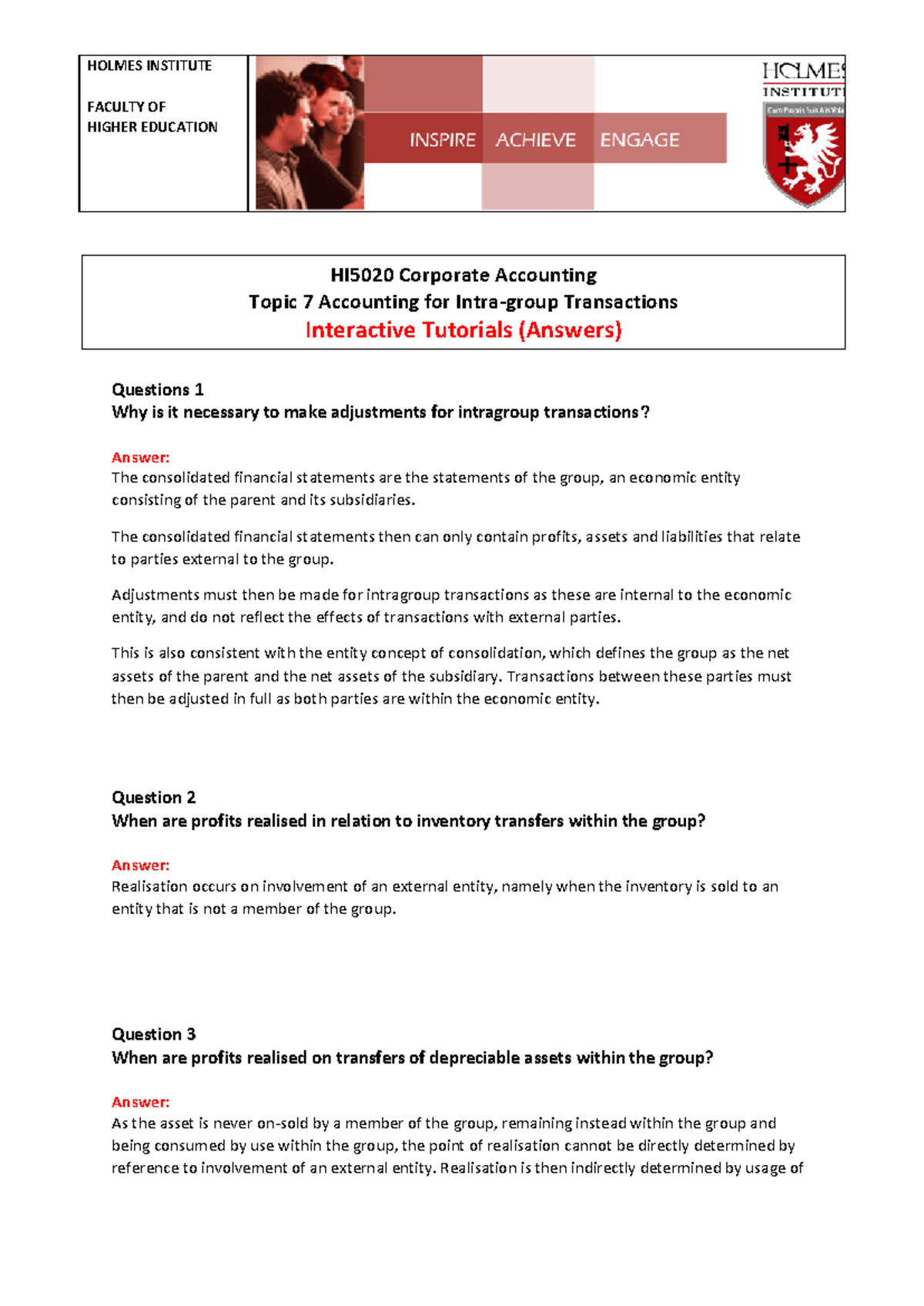 HI5020 Interactive Tutorial - Topic 7 Answers - HOLMES INSTITUTE FACULTY OF HIGHER EDUCATION ...