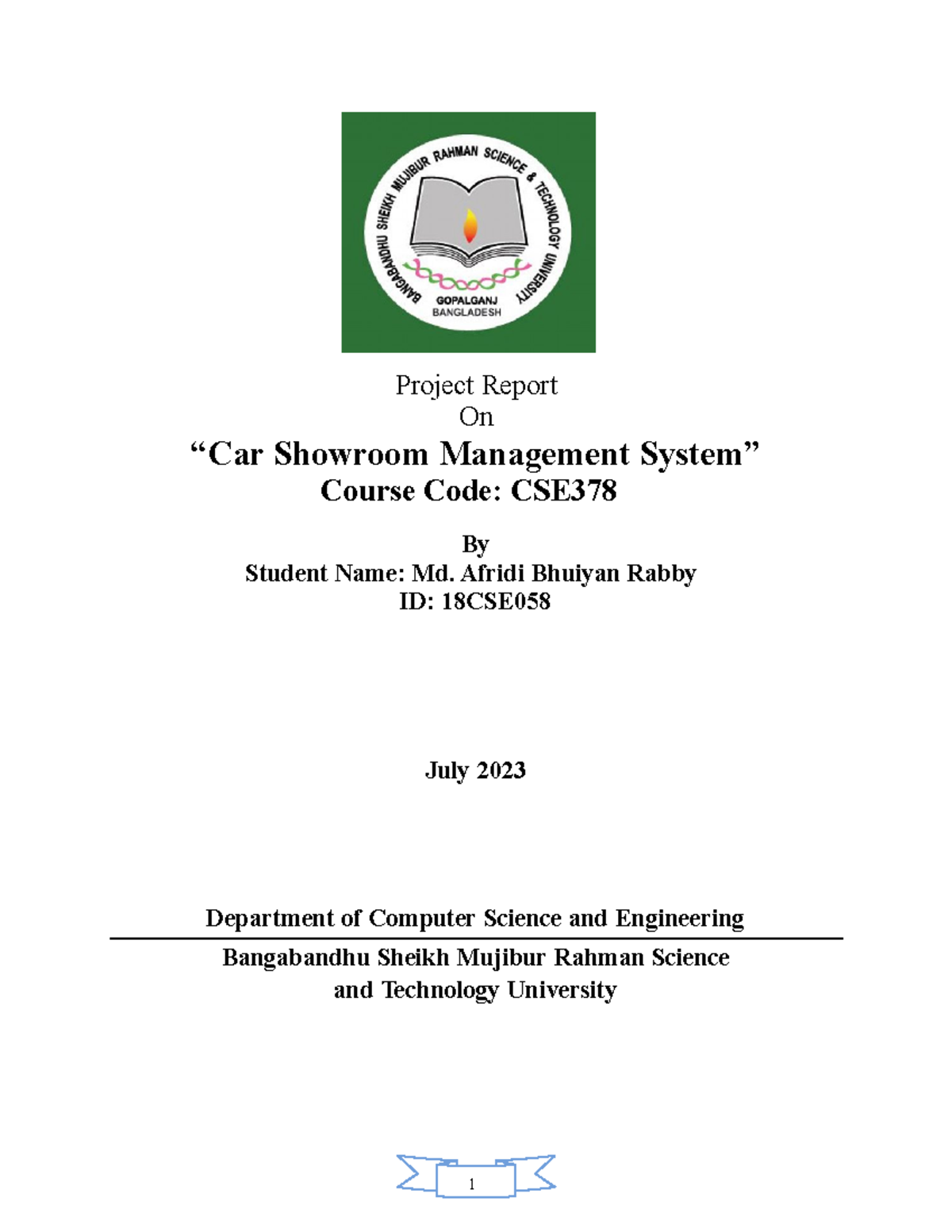 3-2 - Project Report On “Car Showroom Management System” Course Code: CSE By Student Name: Md ...
