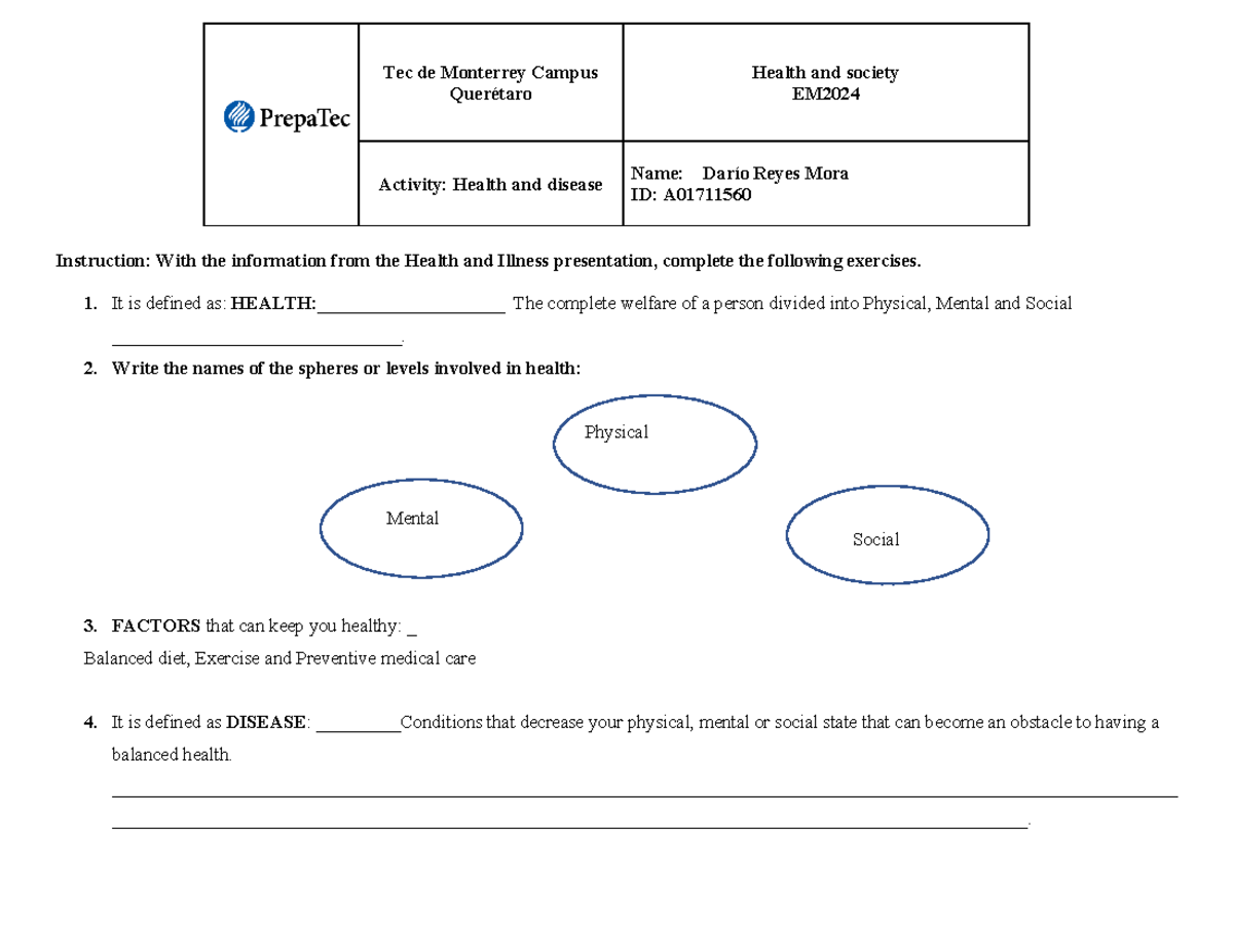 01 Worksheet Health and disease - Instruction: With the information ...