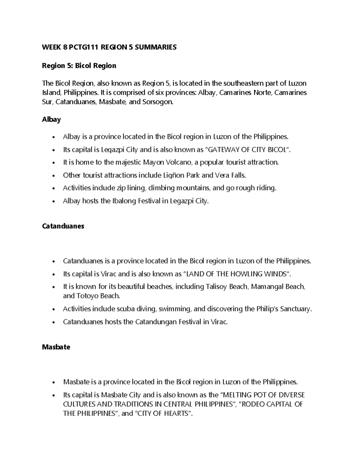 Region 5 Summaries - WEEK 8 PCTG111 REGION 5 SUMMARIES Region 5: Bicol ...