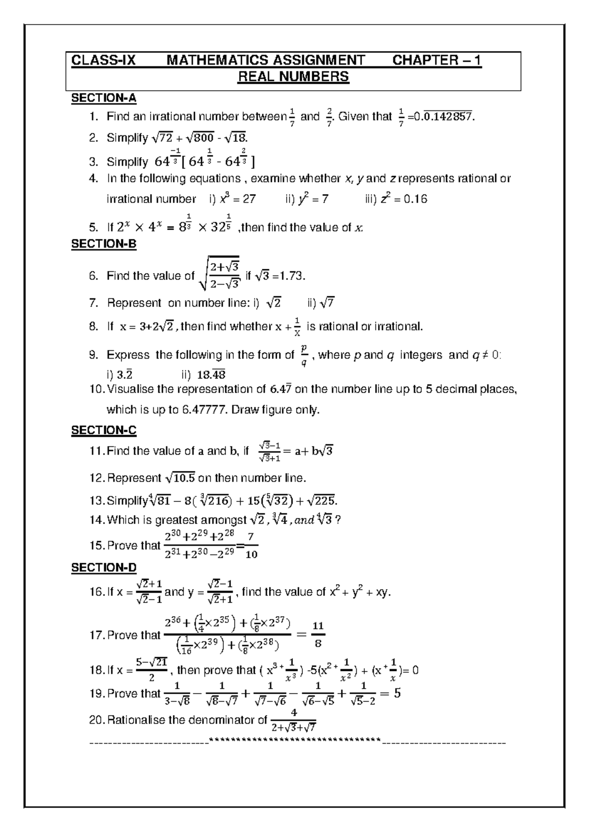 CH 1 REAL Numbers - CLASS-IX MATHEMATICS ASSIGNMENT CHAPTER – 1 REAL ...