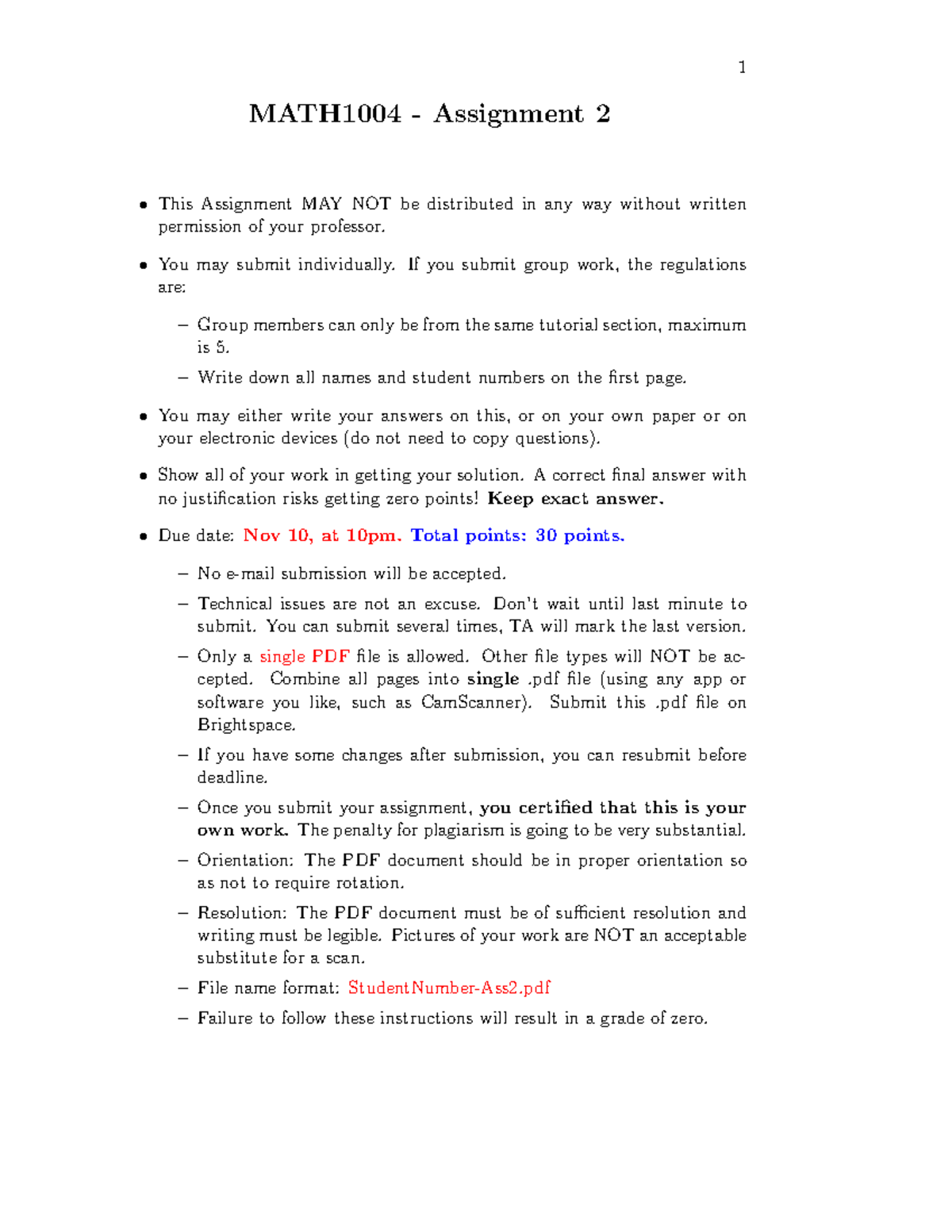 Math1004 F22 Ass2 sol - c bcb - MATH1004 - Assignment 2 This Assignment ...