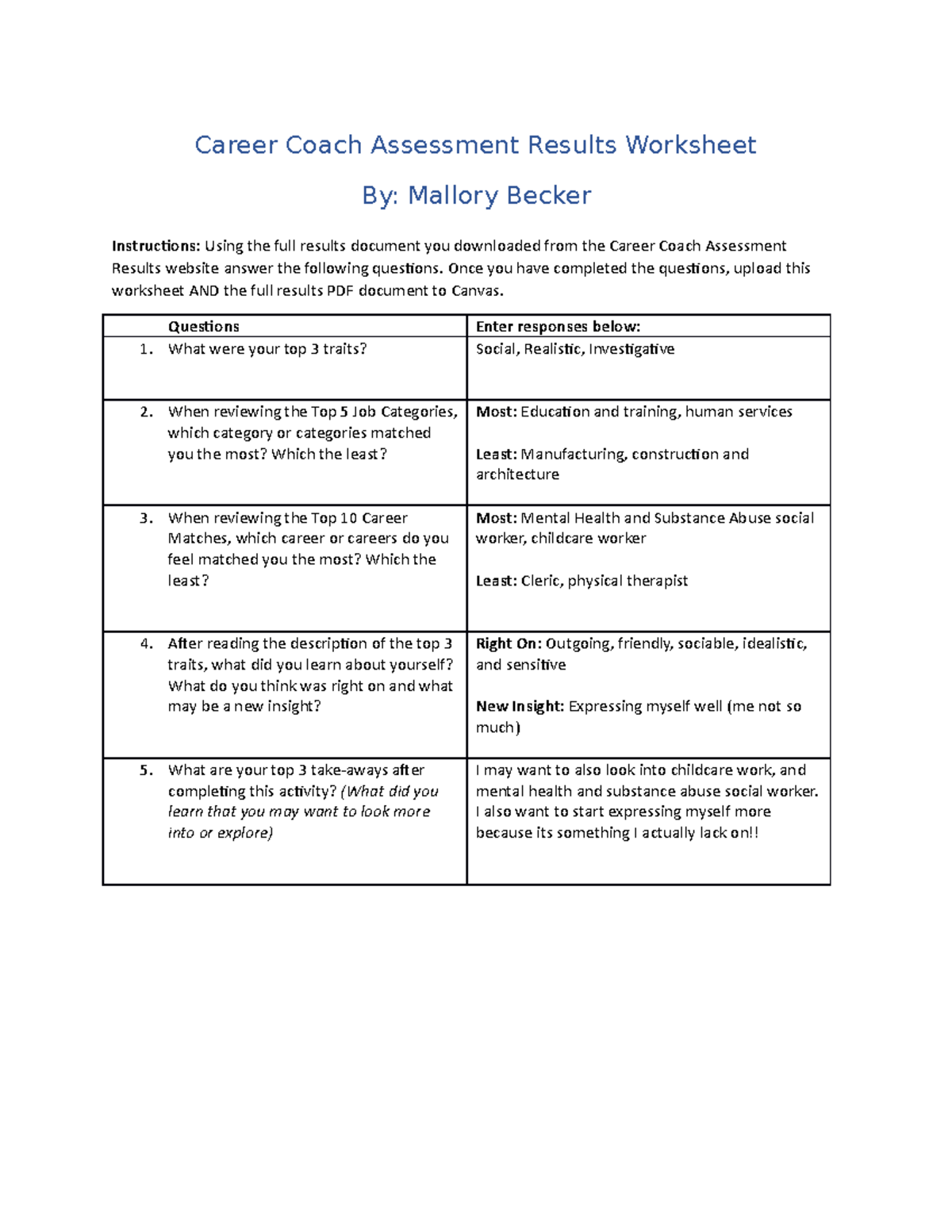 Career Coach Assessment Worksheet - Career Coach Assessment Results ...
