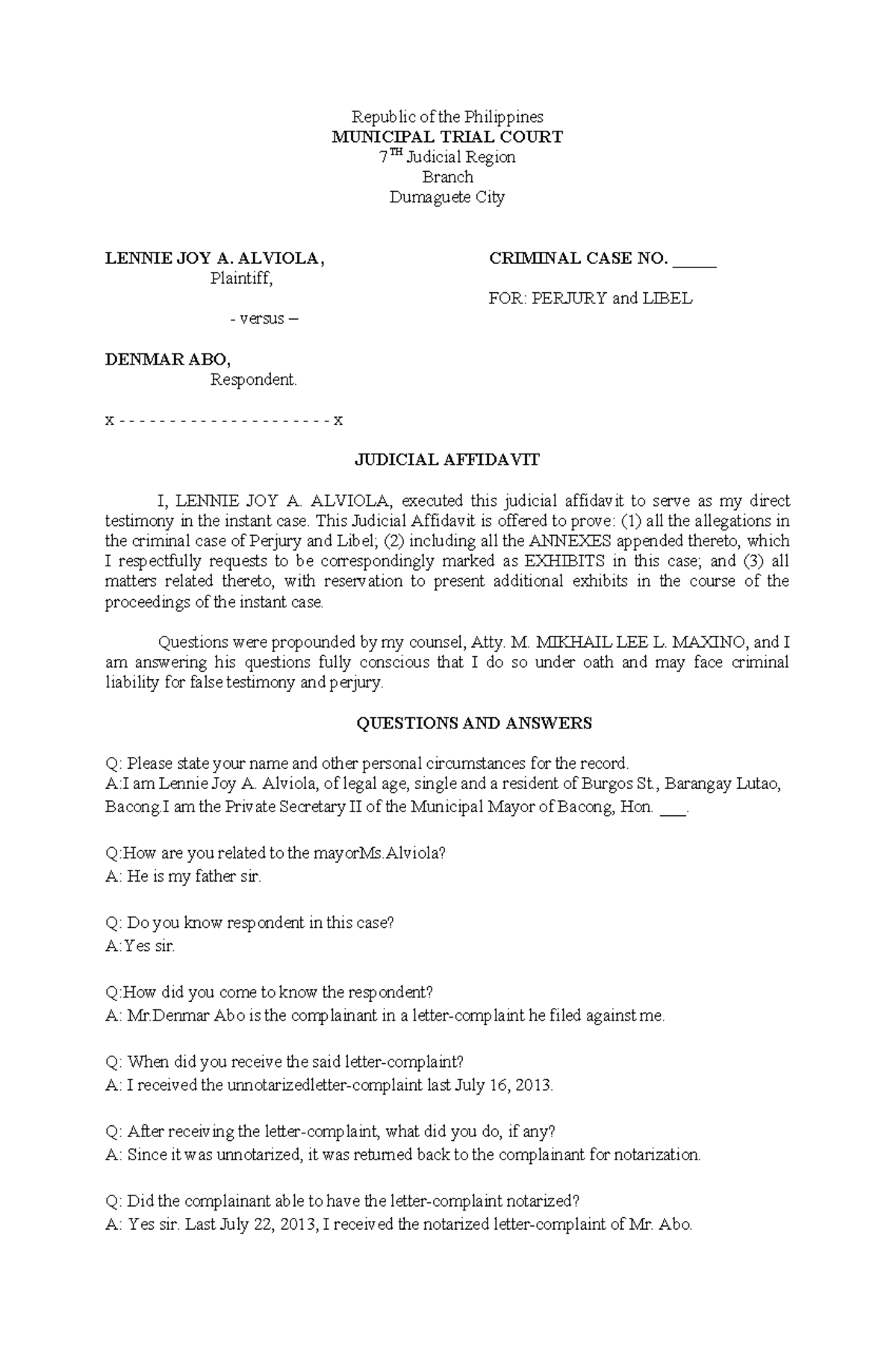 170791139 Sample JA Perjury and Libel - Republic of the Philippines ...