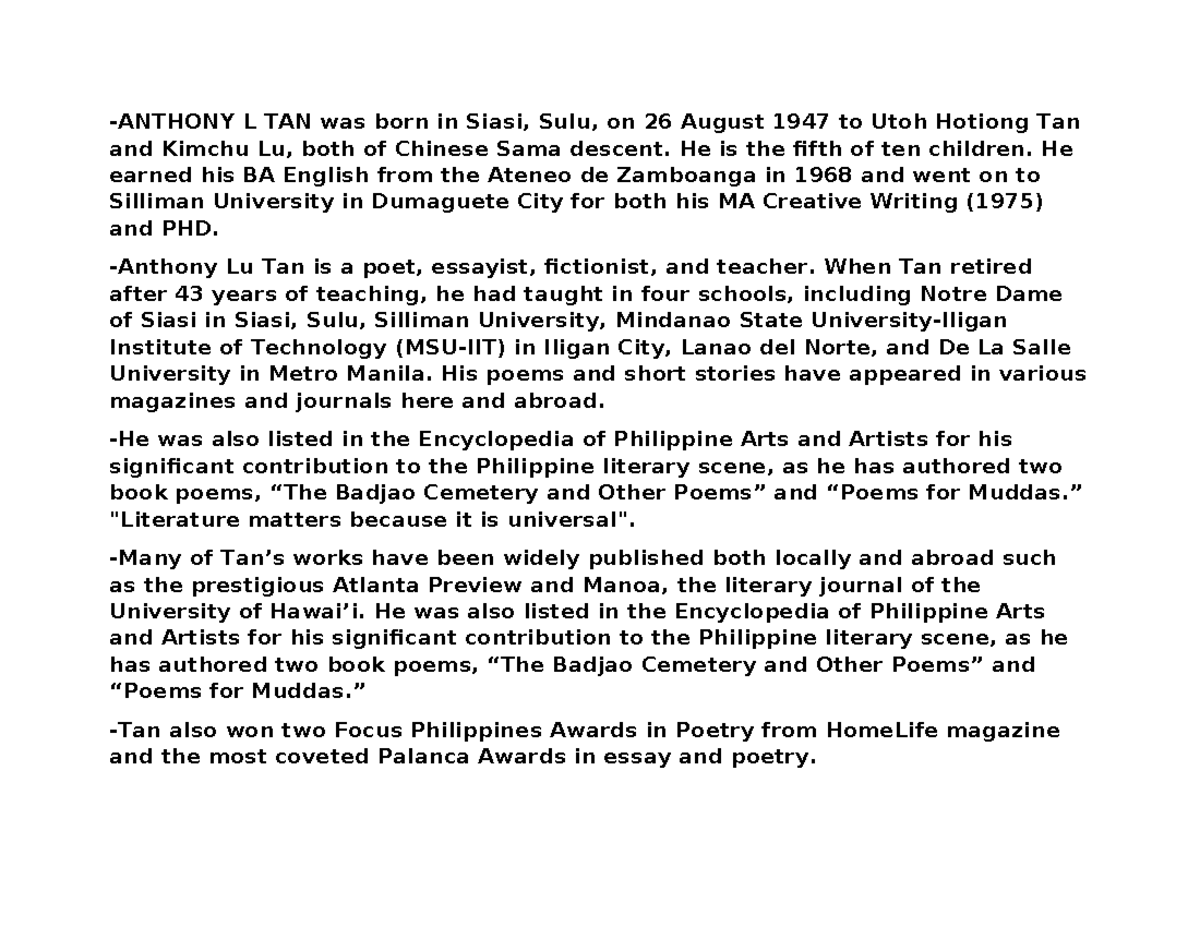 21st century - none so far -ANTHONY L TAN was born in Siasi, Sulu, on ...