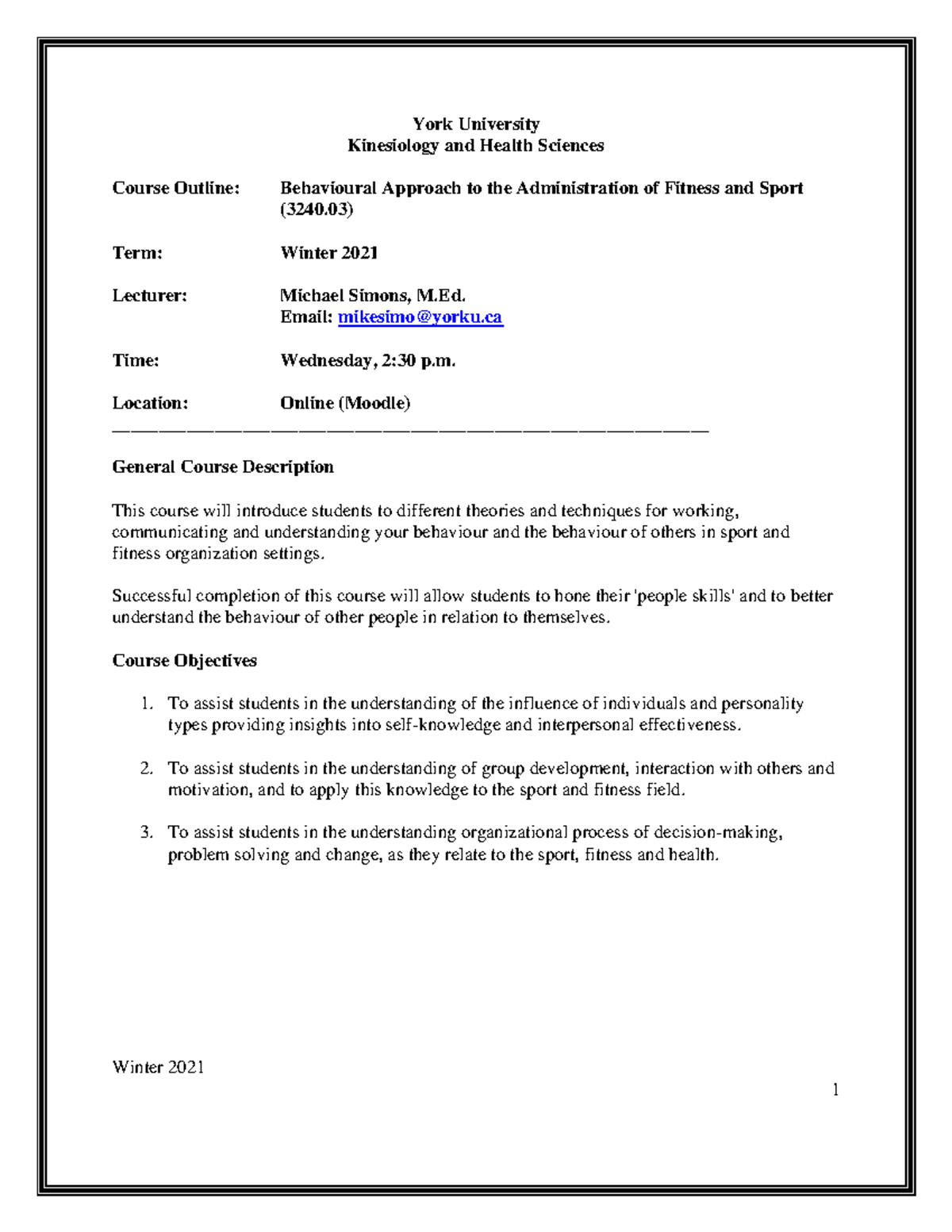 KINE 3240 Course Outline-Winter 2021 - Winter 2021 York University ...