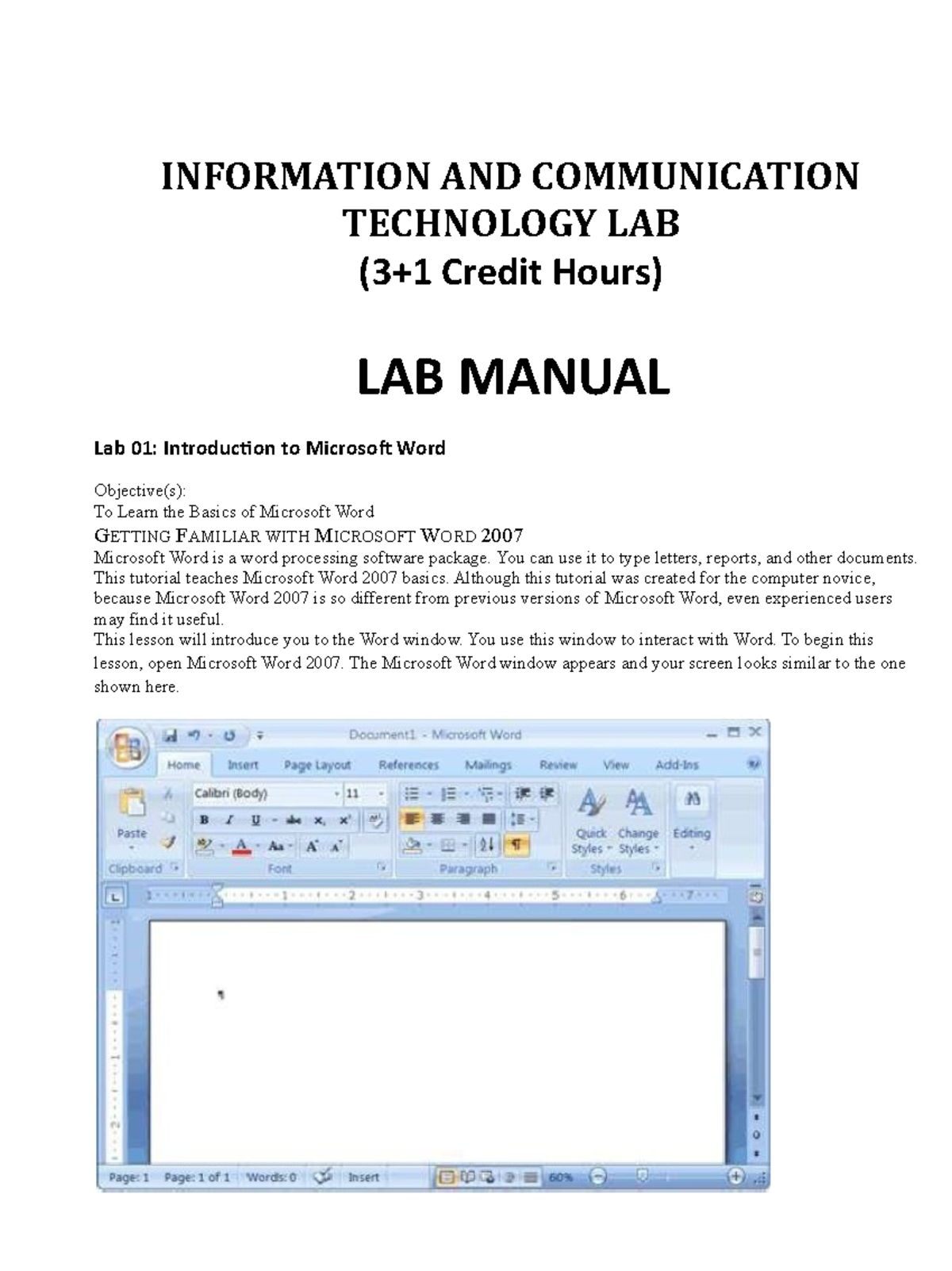 1st lab - lab manual - INFORMATION AND COMMUNICATION TECHNOLOGY LAB (3 ...
