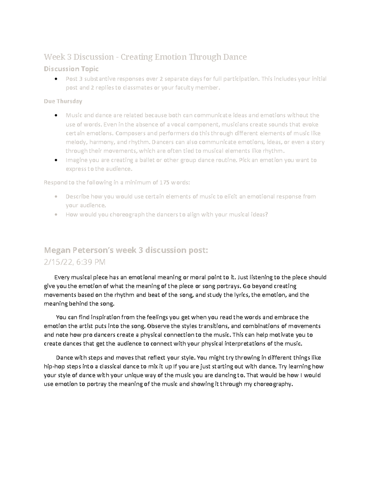 Wk 3 Discussion - Creating Emotion Through Dance - This includes your ...