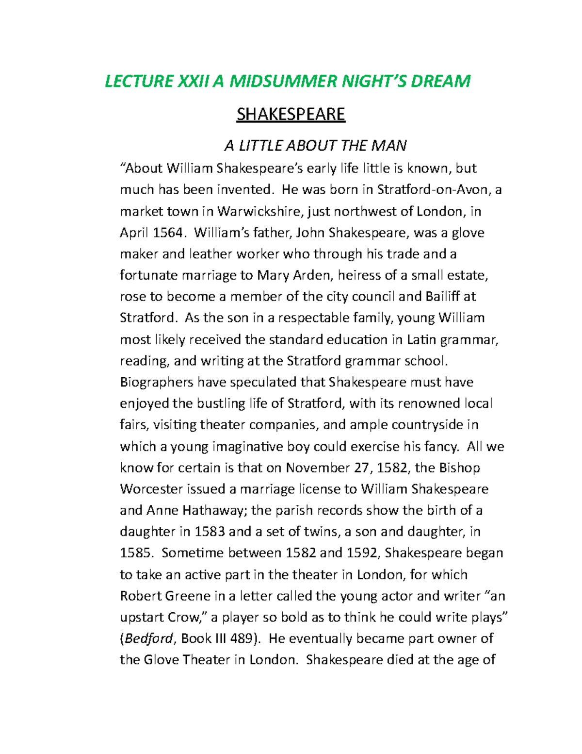 Lecture XXII Amsnd revised 2 - LECTURE XXII A MIDSUMMER NIGHT’S DREAM ...