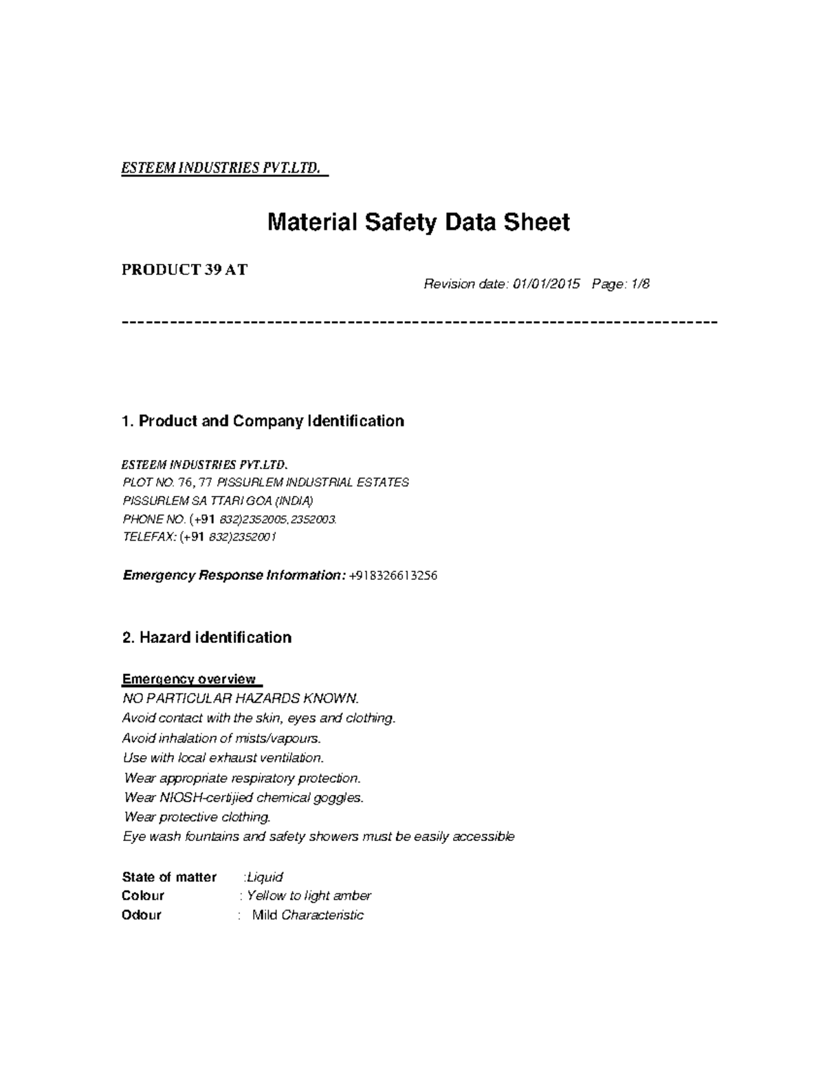 MSDS of Product 39 AT - TÌNH HÌNH KINH TẾ VÀ Chính TRỊ THẾ GIỚI ...