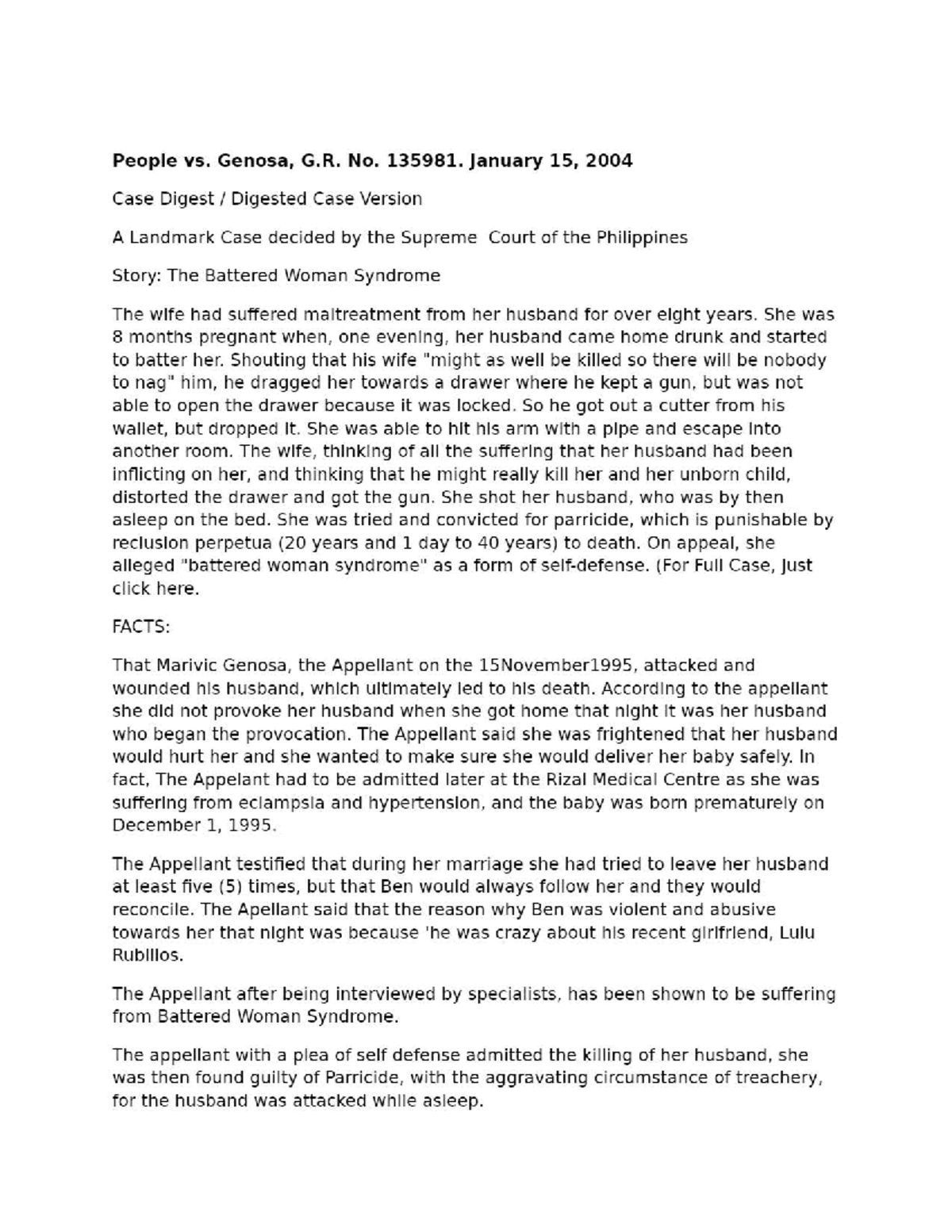 People vs. Genosa - LECTURE NOTES - Peop le vs. Genosa, G. No. 135981 ...