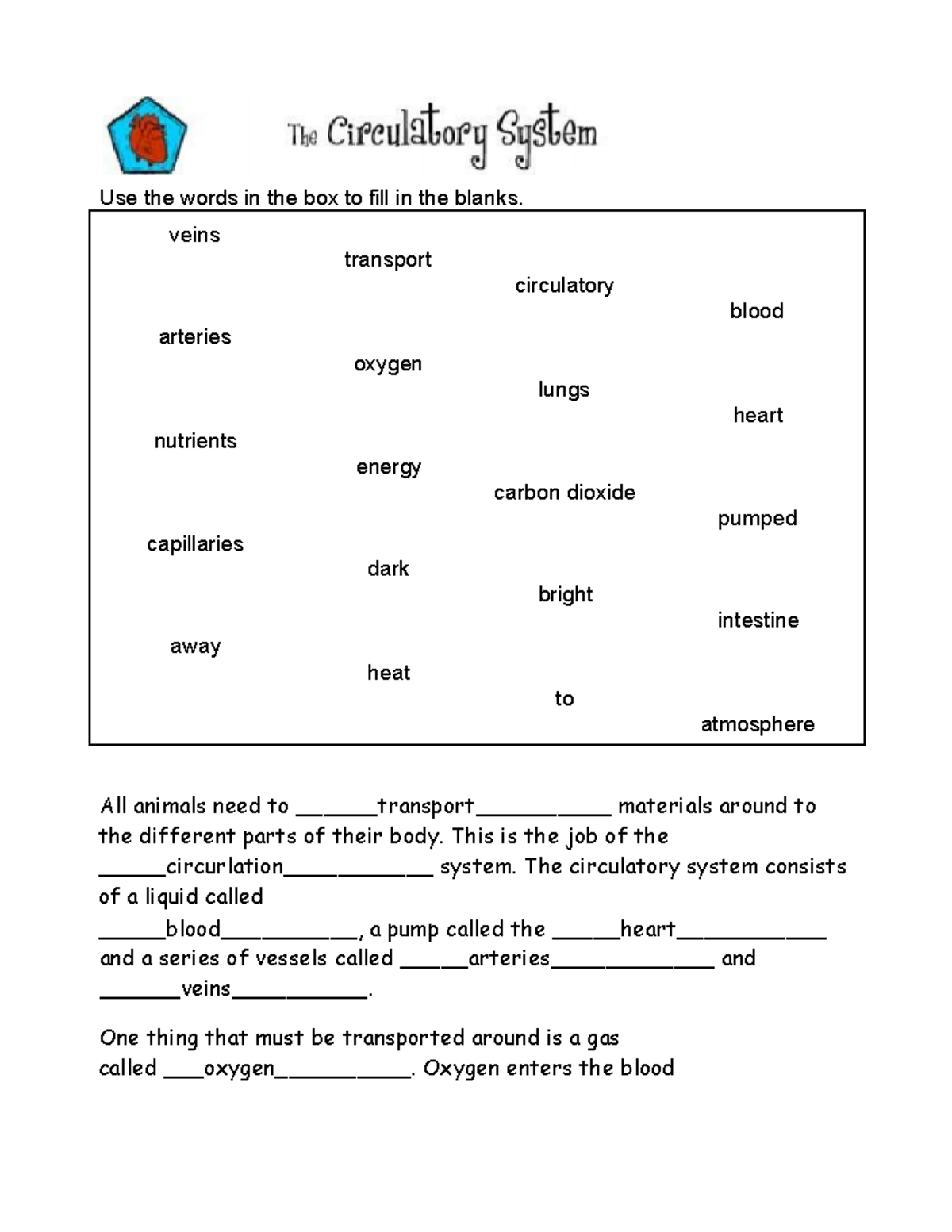 Circulatory System-Cloze - Use the words in the box to fill in the ...
