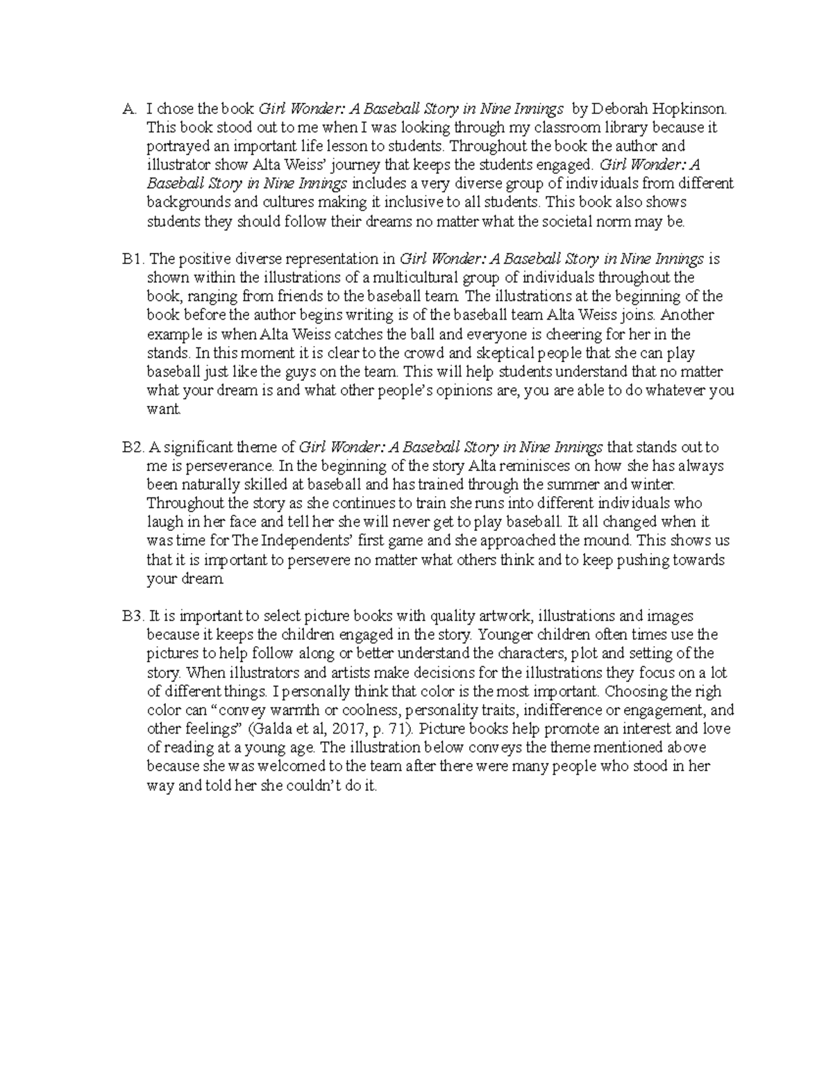 Task 1 - Children's Literature Lesson Plan - A. I chose the book Girl ...