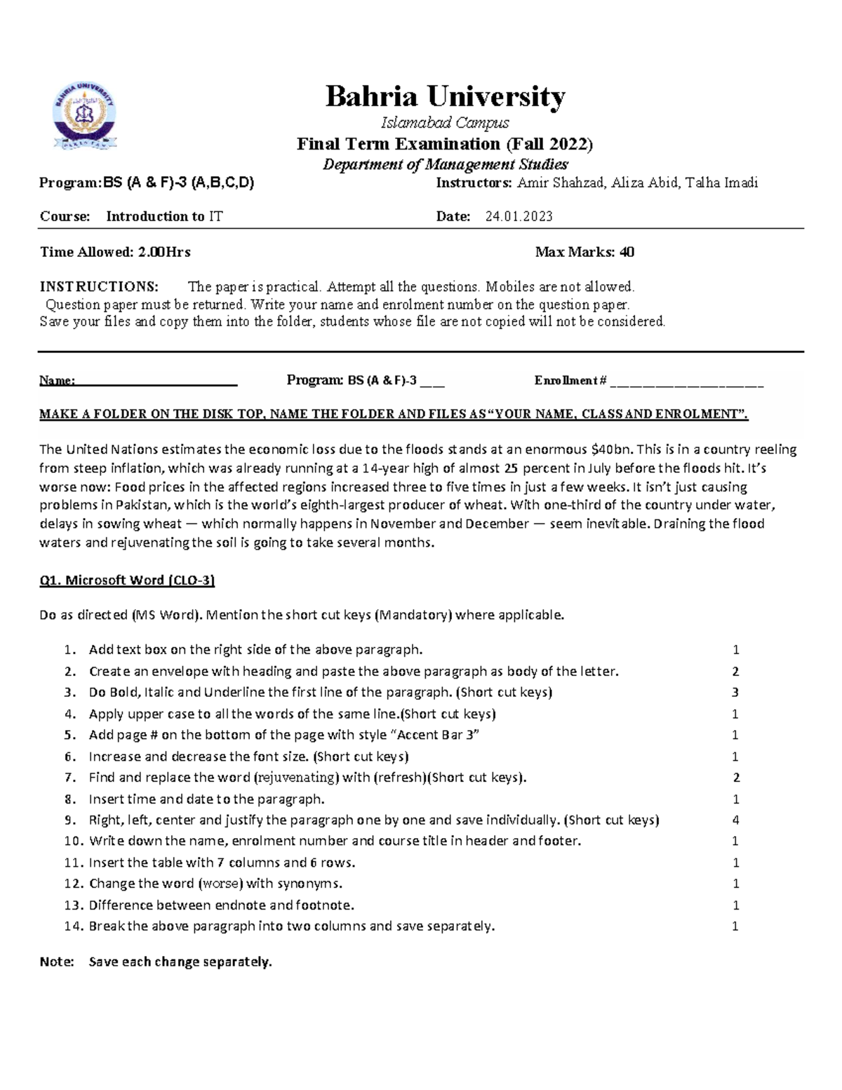 IT paper - Nope - Bahria University Islamabad Campus Final Term ...