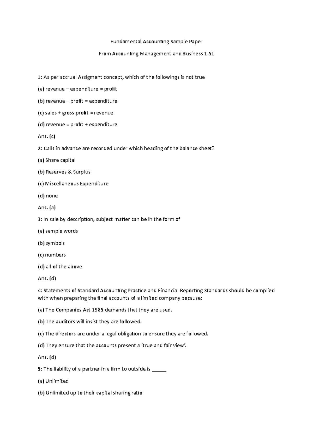 Fundamental Accounting Sample Paper From Accounting Management and ...