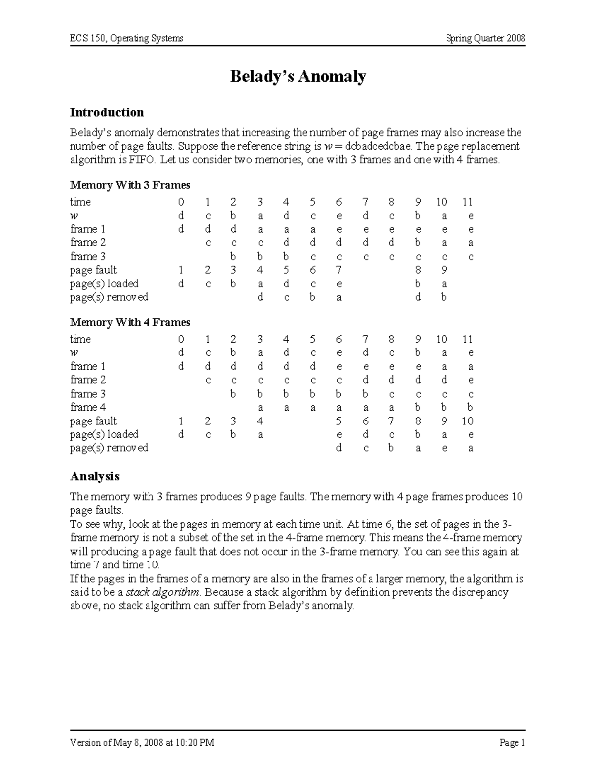 Mm-belady - Yrtyuuh - ECS 150, Operating Systems Spring Quarter 2008 Version of May 8, 2008 at ...