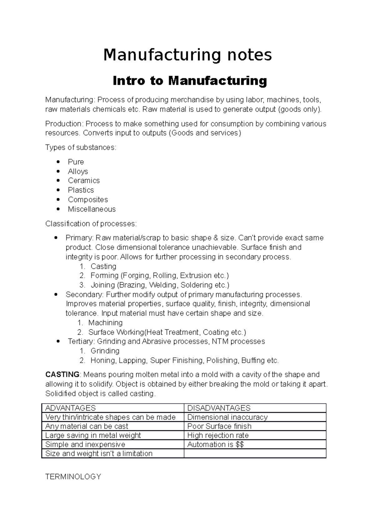 Manuf PPT notes( except CNC programming) - Manufacturing notes Intro to ...