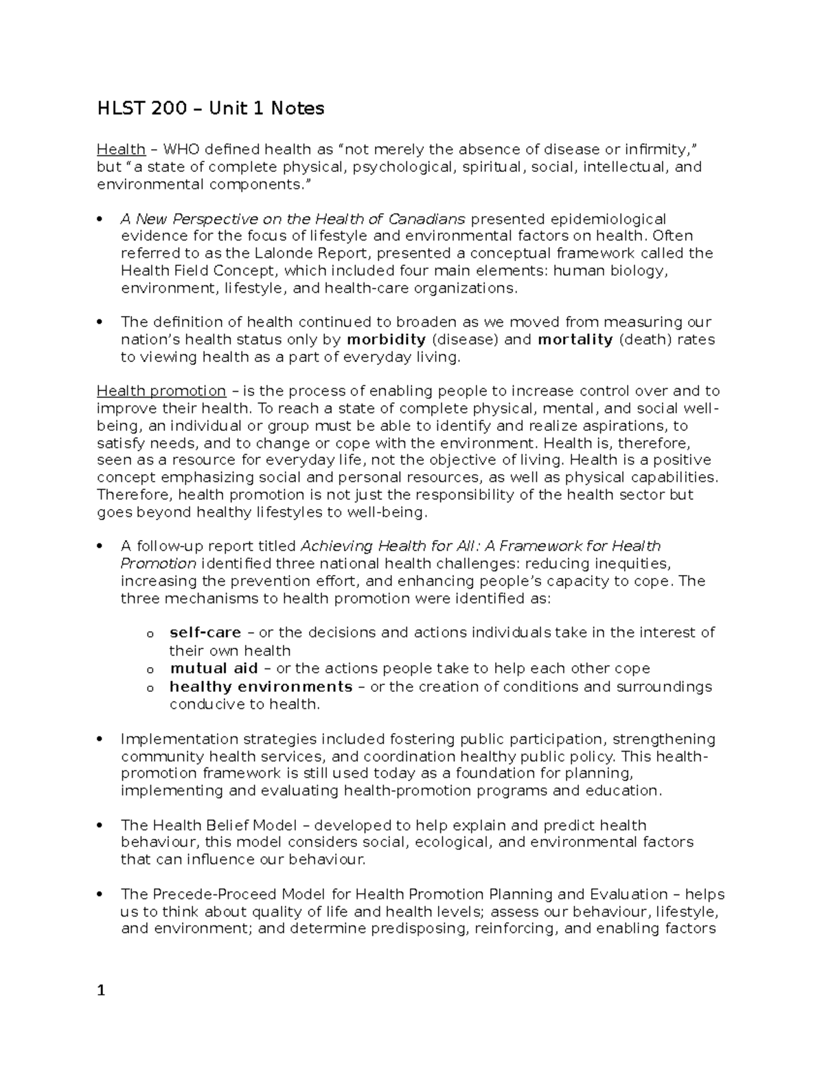 HLST 200 - Unit 1 Notes - HLST 200 – Unit 1 Notes Health – WHO defined ...