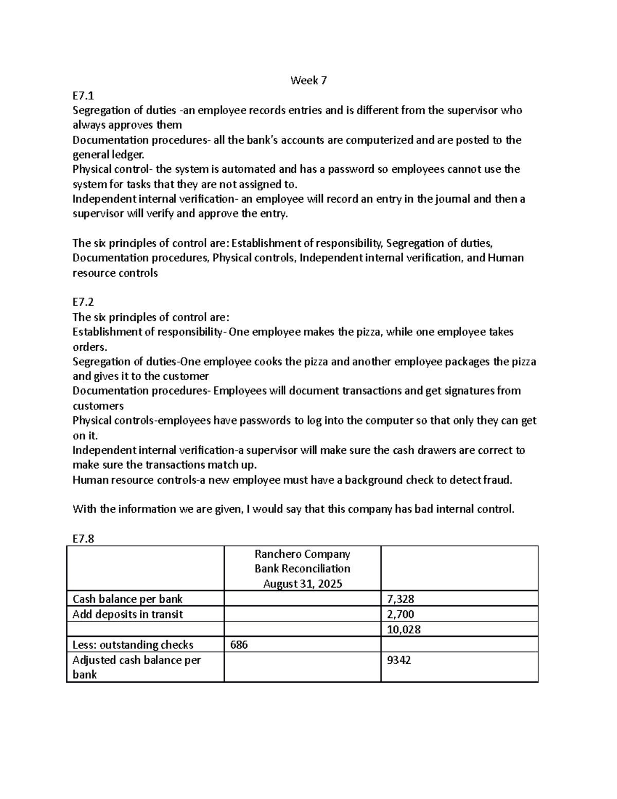Week 7 - financial accounting review problems chapter 7 - Week 7 E7. Segregation of duties -an ...