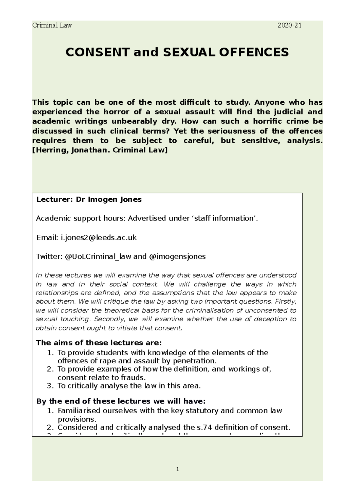 Sexual Offences Handout 2020-21 - CONSENT and SEXUAL OFFENCES This ...