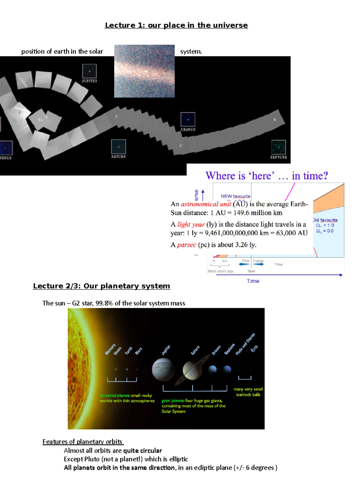 Summary - lecture 1 - Lecture 1: our place in the universe position of ...