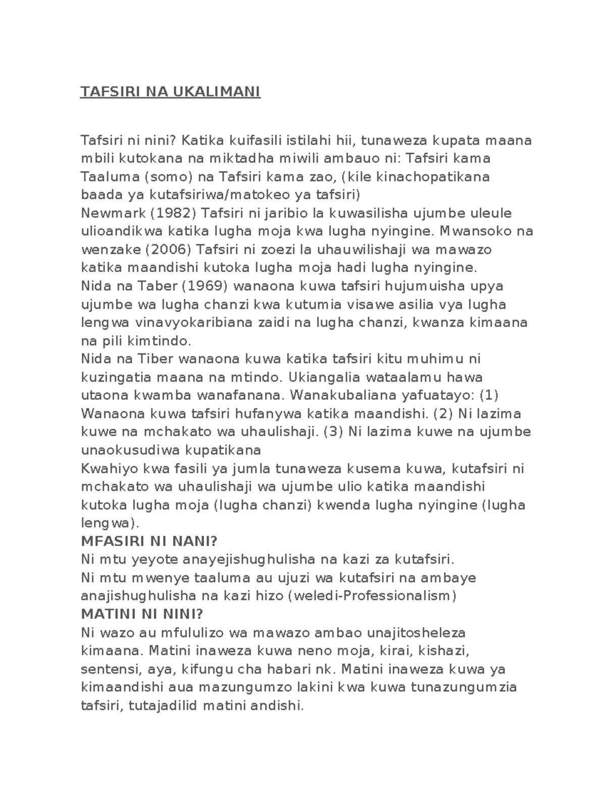 Tafsiri NA Ukalimani - Summary Education - TAFSIRI NA UKALIMANI Tafsiri ...