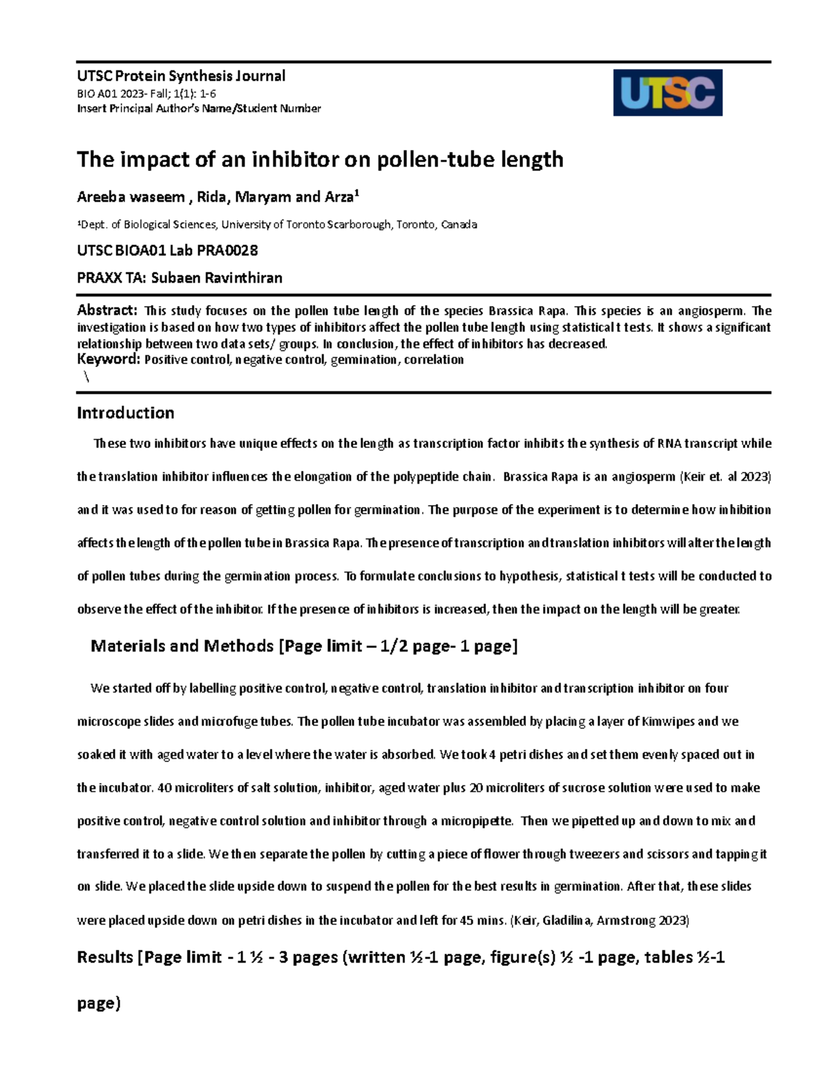 BIOA01 Formal Lab Report - UTSC Protein Synthesis Journal BIO A01 2023 ...