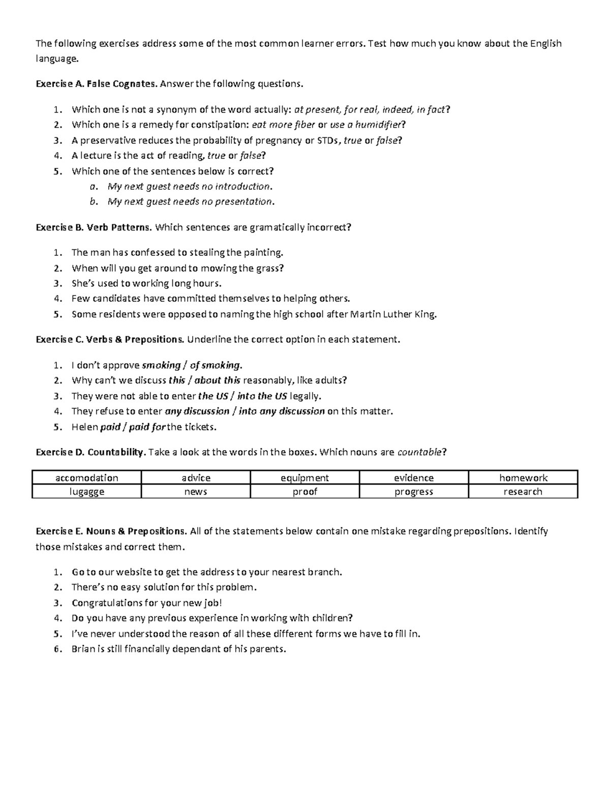 Common Learner Errors The Following Exercises Address Some Of The Most Common Learner Errors
