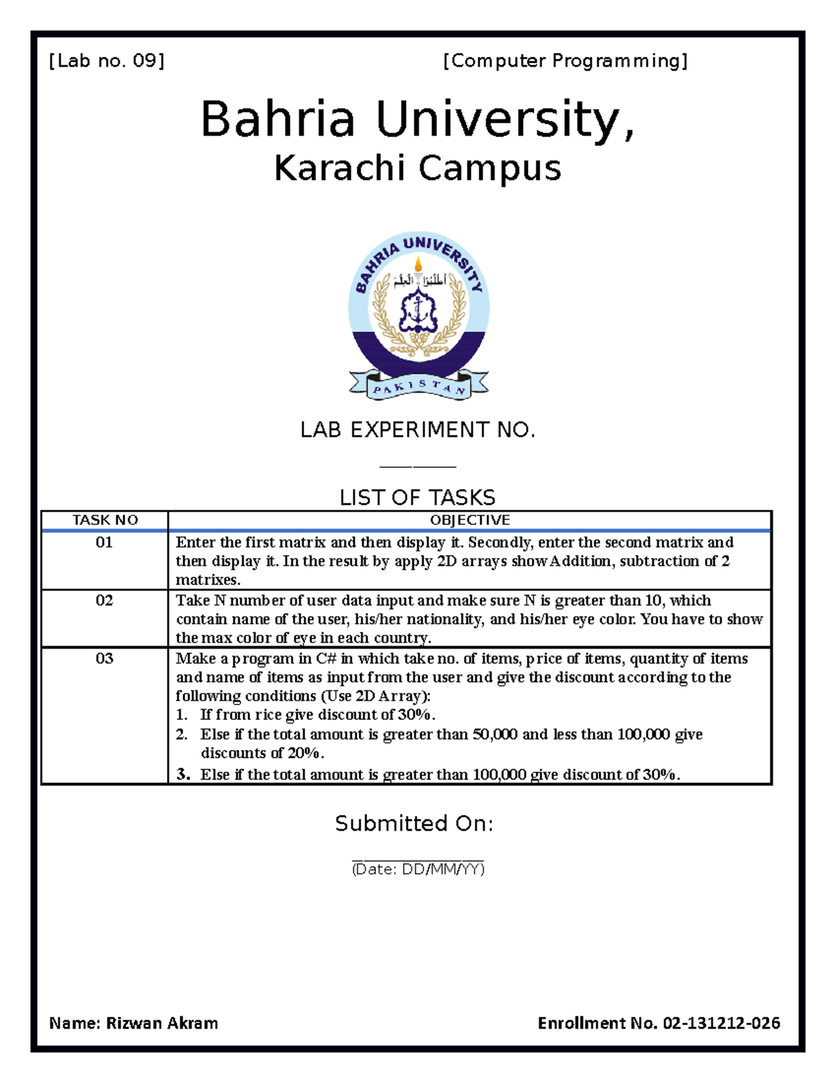 Computer Programming Task 9 Bahira Uni Bahria University Karachi Campus Lab Experiment No