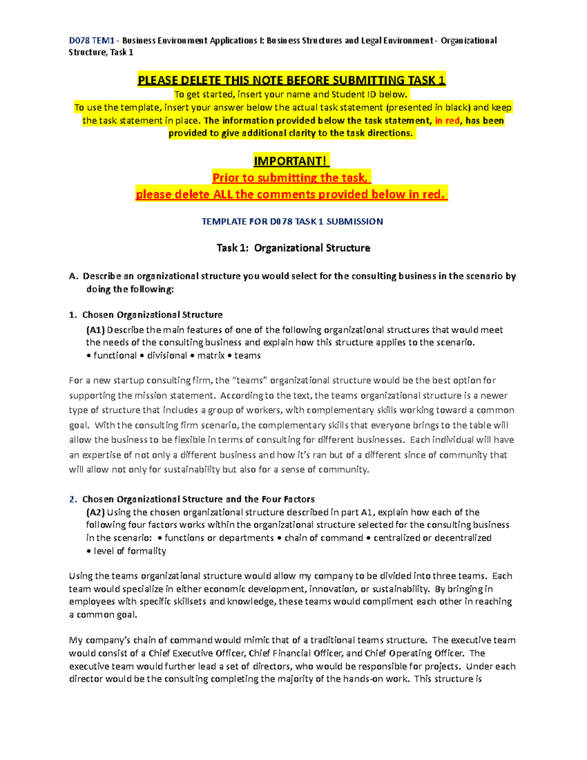 D078 Task 1 Template - D078 Task 1 Partial - D078 TEM1 - Business ...