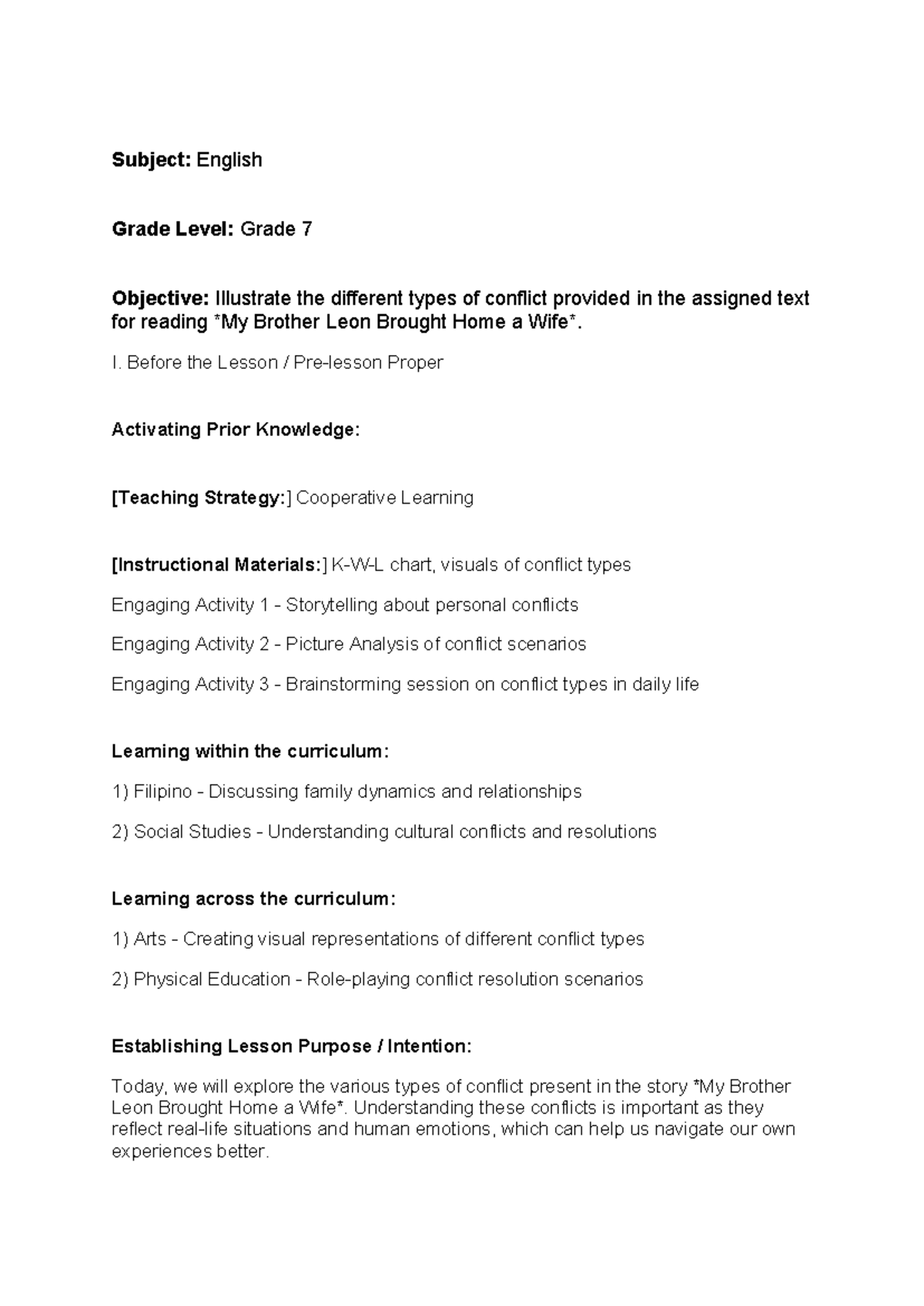 Lesson plan - Subject: English Grade Level: Grade 7 Objective ...