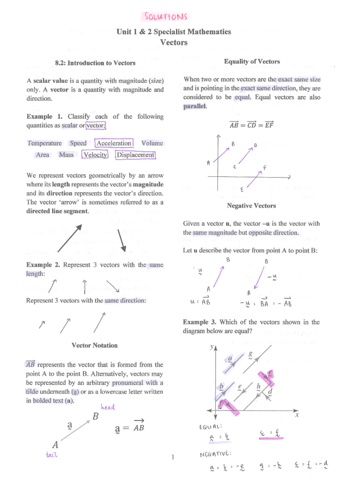 8.2 Introduction to Vectors Booklet SOL - SOLUTIONS Unit 1 2 Specialist ...