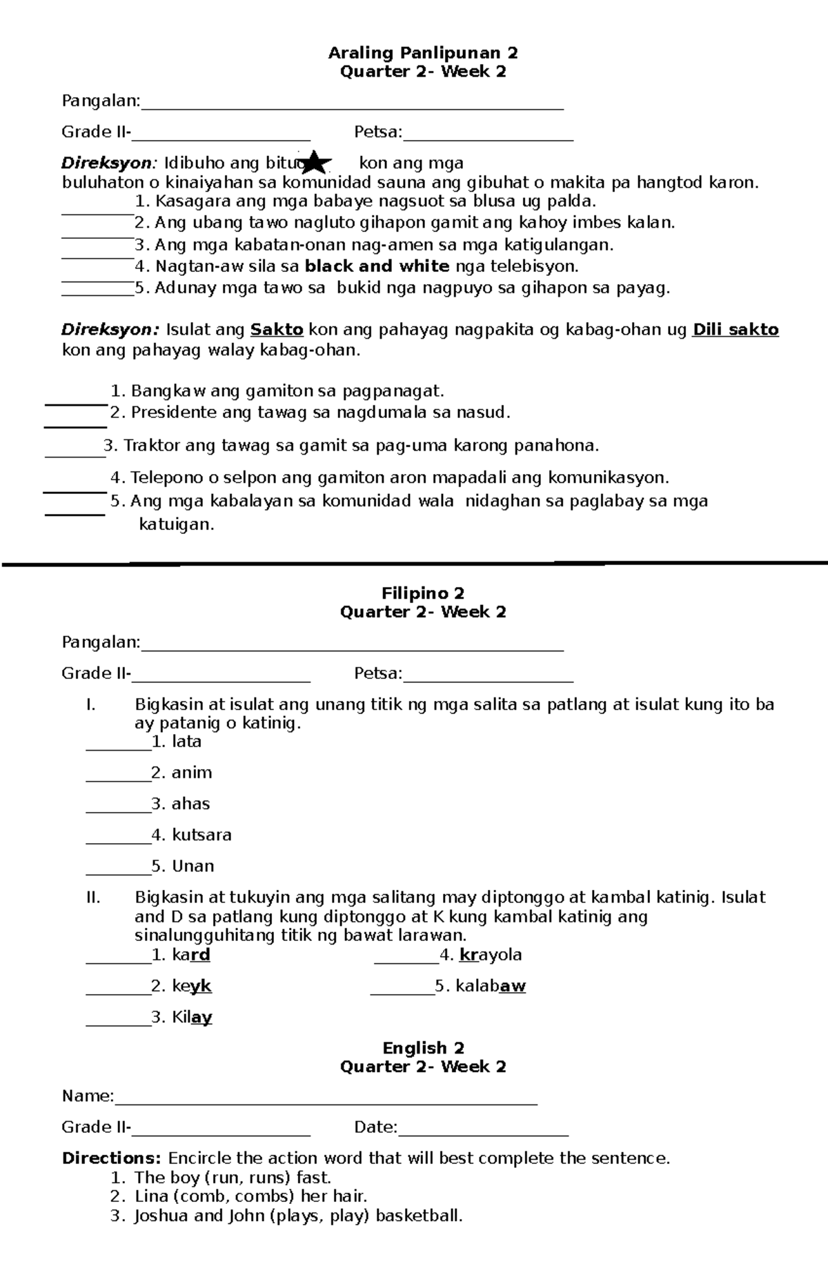 Activity Sheets for English, Math, Filipino, Araling Panlipunan - Araling Panlipunan 2 Quarter 2 ...