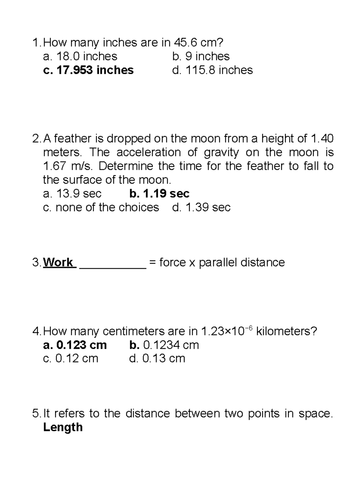 INTRODUCTION TO PHYSICS - 1 many inches are in 45 cm? a. 18 inches b. 9 ...