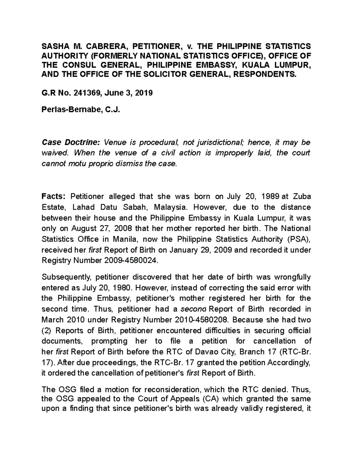 Cabrera vs. PSA - SASHA M. CABRERA, PETITIONER, v. THE PHILIPPINE ...