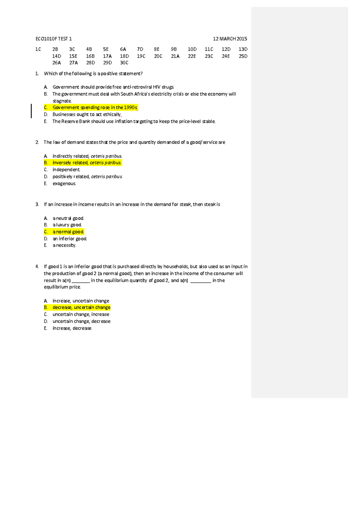 Test 1 March 2015, questions - ECO1010F TEST 1 12 MARCH 2015 1C - Studocu