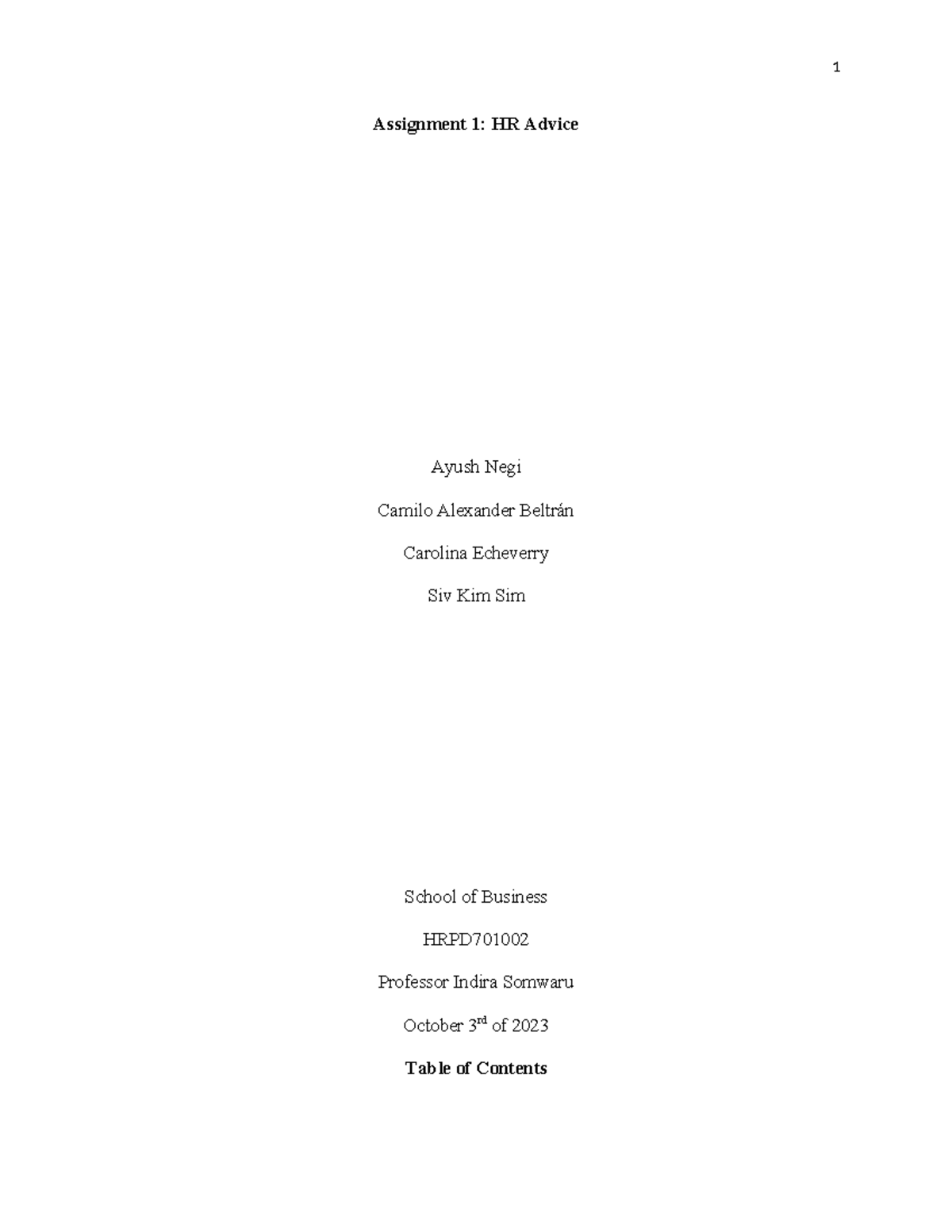Assignment 1 - HR Advice - Assignment 1: HR Advice Ayush Negi Camilo Alexander Beltrán Carolina ...
