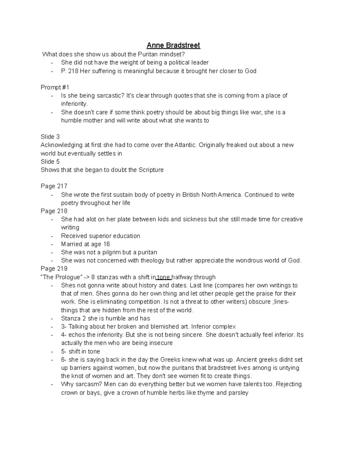 Anne Bradstreet - Dr. Bollini - Anne Bradstreet What does she show us ...