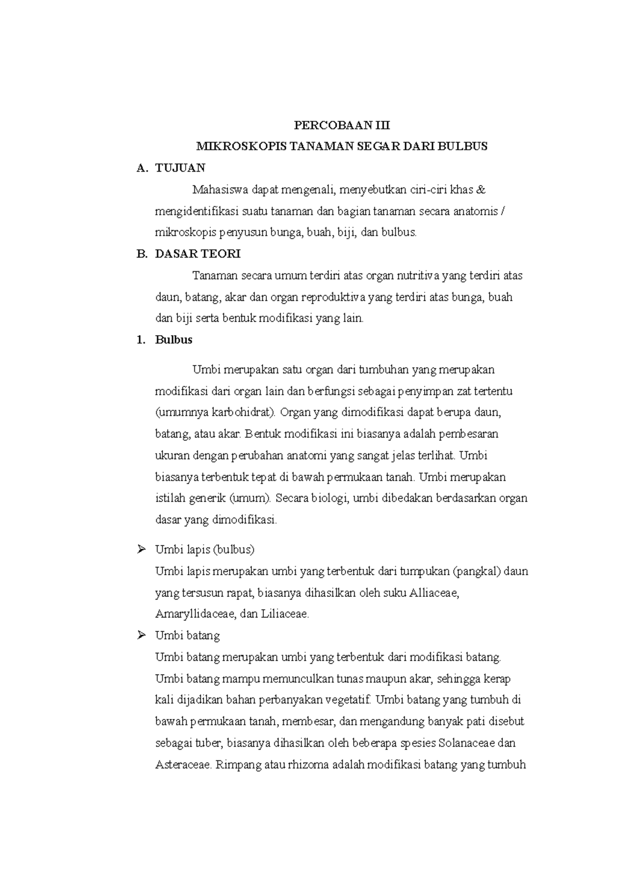 Mikroskopis Tanaman Segar dari Bulbus - PERCOBAAN III MIKROSKOPIS ...