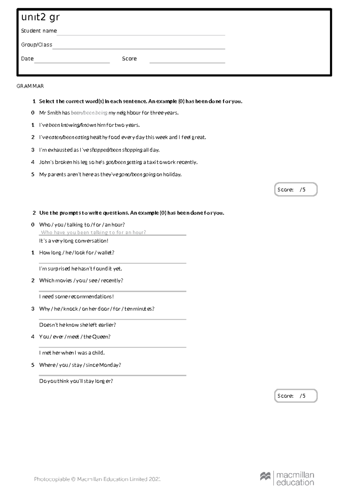 Unit2gr - unıt2 gr Student name Group/Class Date Score GRAMMAR Select ...